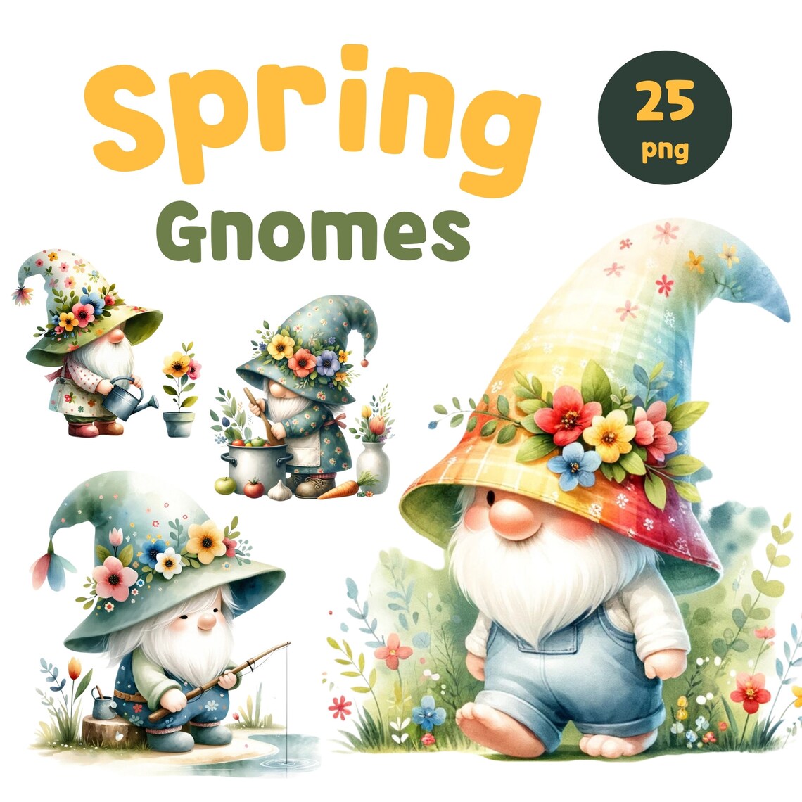 Spring Gnomes Clipart Bundle, 25 High Quality Pngs, Watercolor Clipart ...