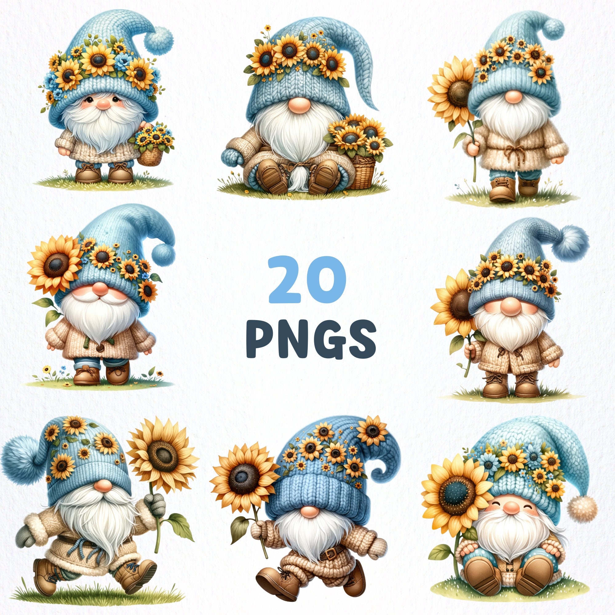 Watercolor Sunflower Gnome Clipart Bundle 20 High-quality Pngs ...