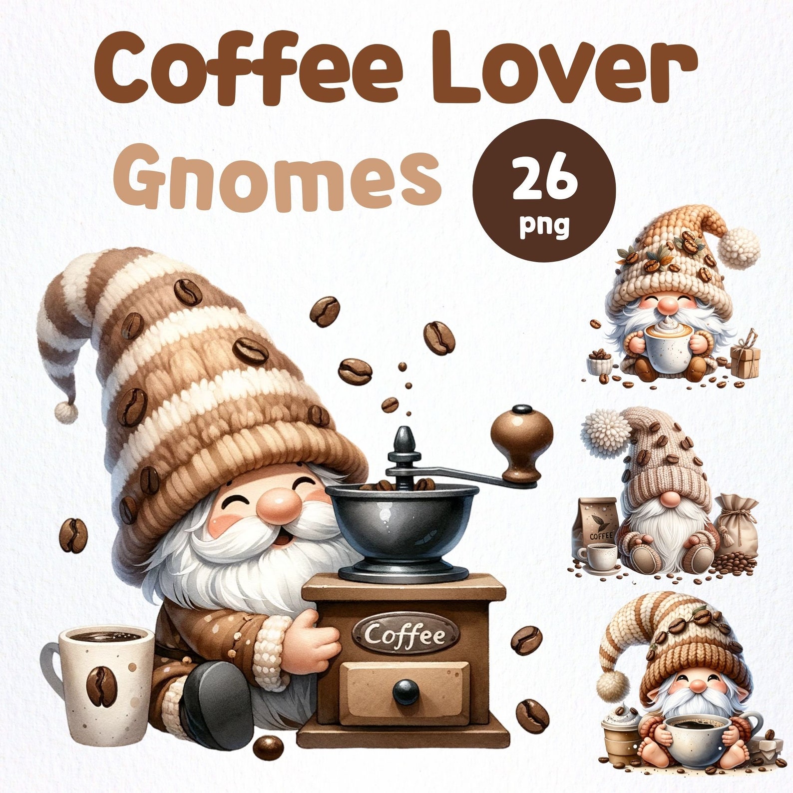 Watercolor Coffee Lover Gnomes, Coffee Gnomes Png, Coffee Beans Gnome ...