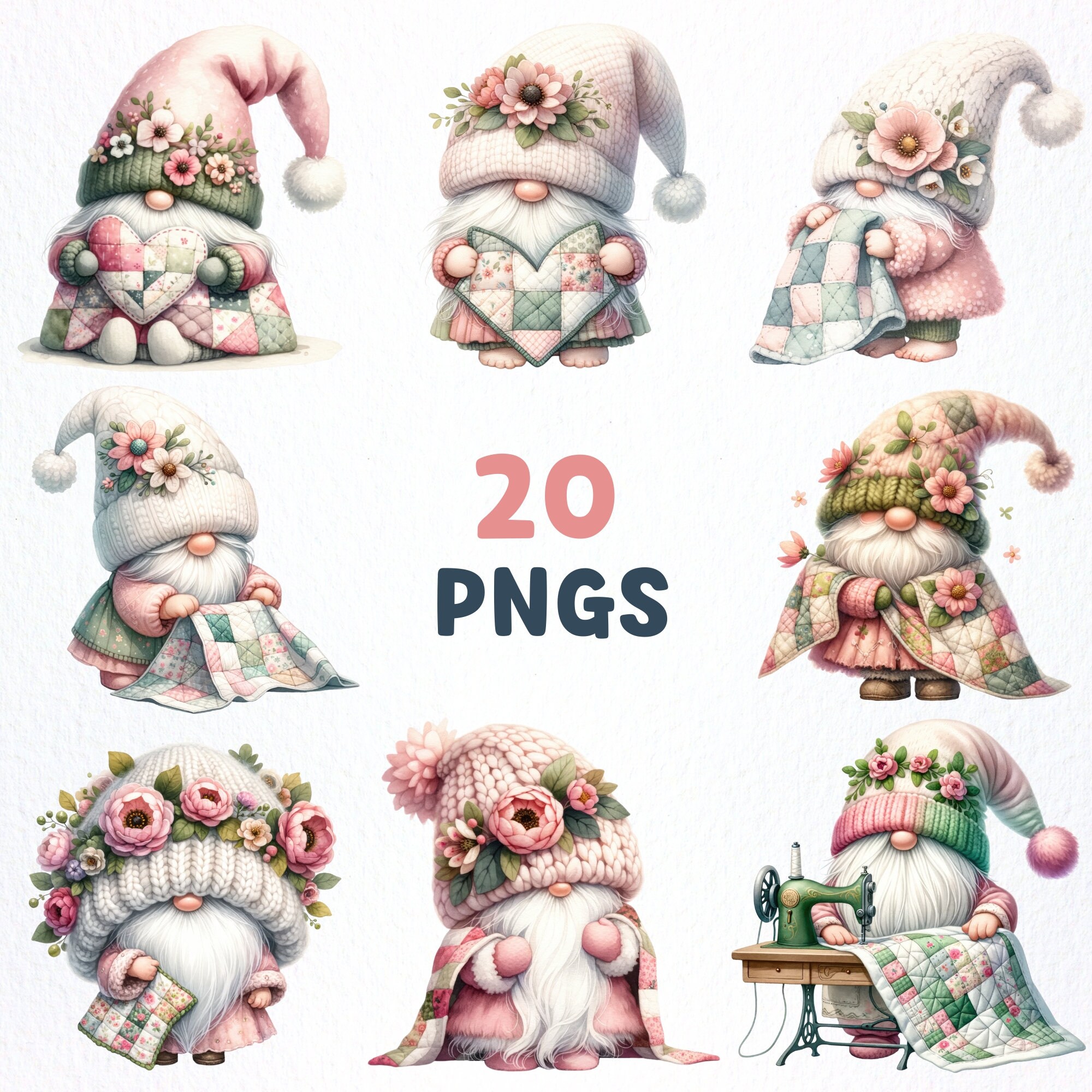 Watercolor Quilt Gnome Clipart Bundle 20 High-quality Pngs Sewing ...