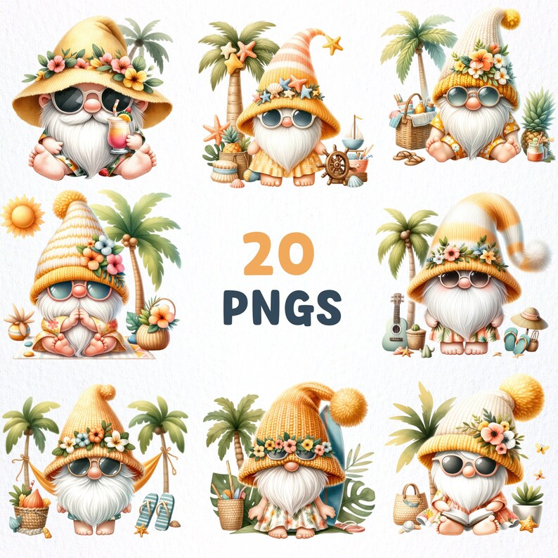 Watercolor Summer Beach Gnome Clipart Bundle 20 High-quality Pngs ...