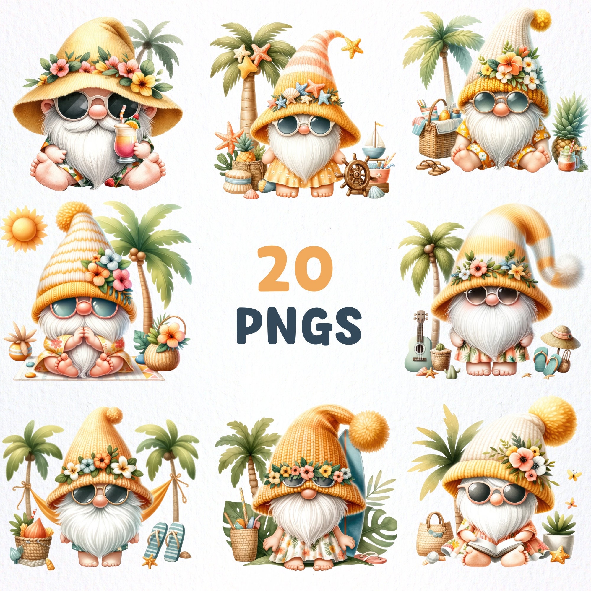 Watercolor Summer Beach Gnome Clipart Bundle 20 High-quality Pngs ...