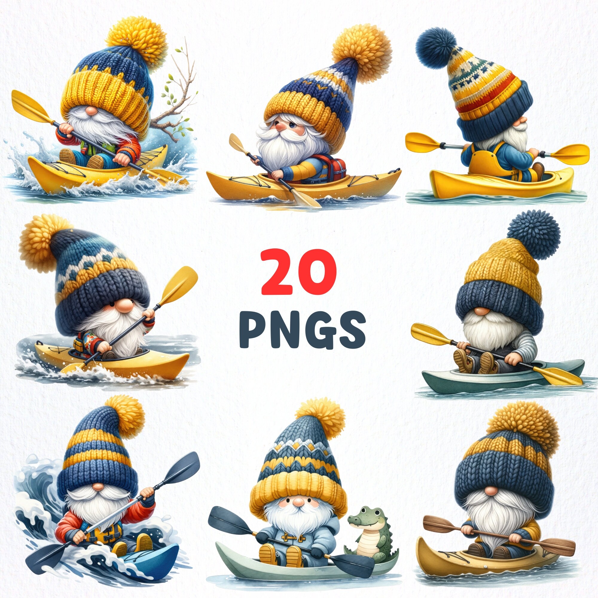 Watercolor Kayak Gnome Clipart PNG Bundle 20 High-quality Pngs Nursery ...