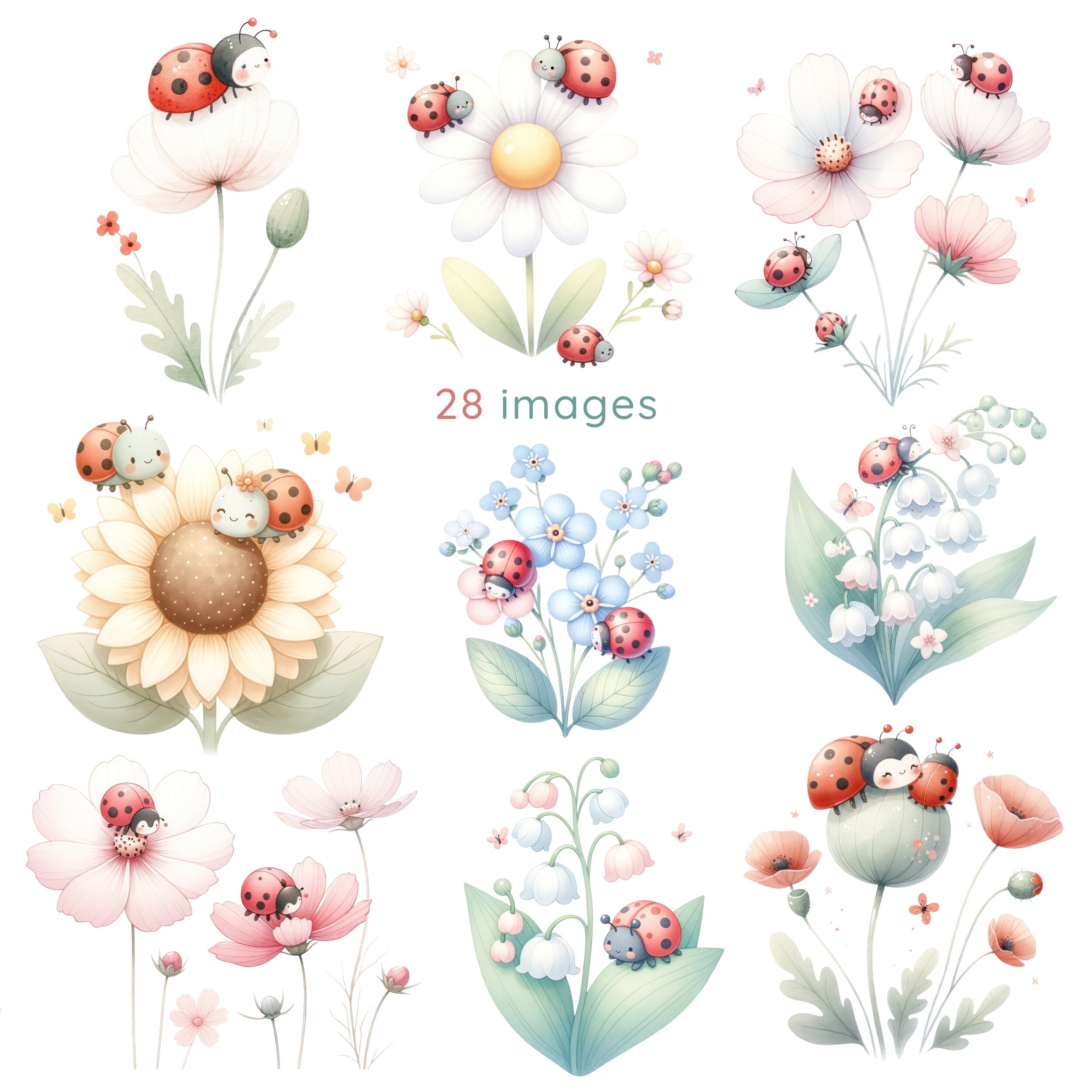 Ladybugs With Flowers Watercolor Clipart Set, Cute Ladybug and Flowers ...