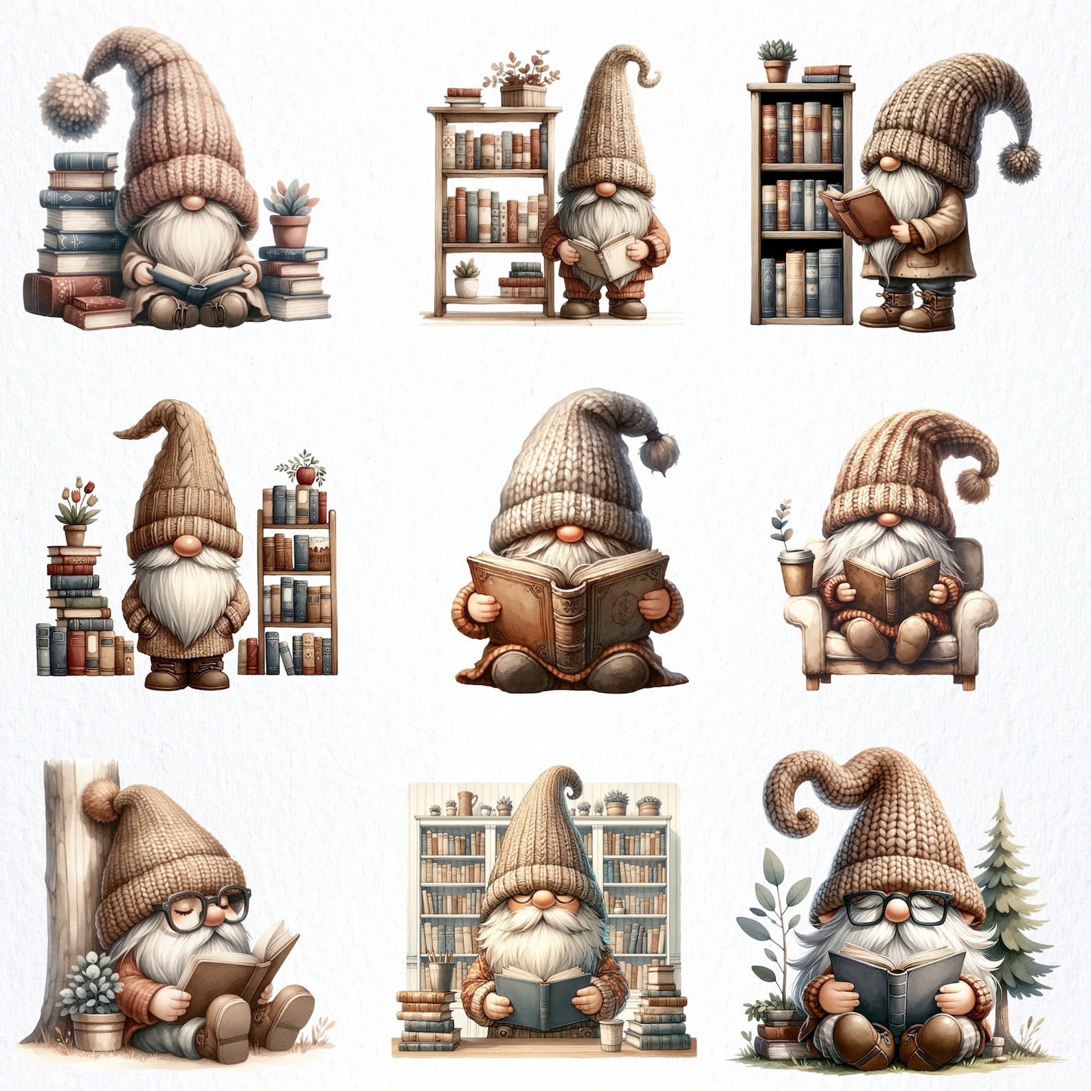 Watercolor Reading Gnomes, Book Lover Gnome Png, Reading a Book Gnomes ...