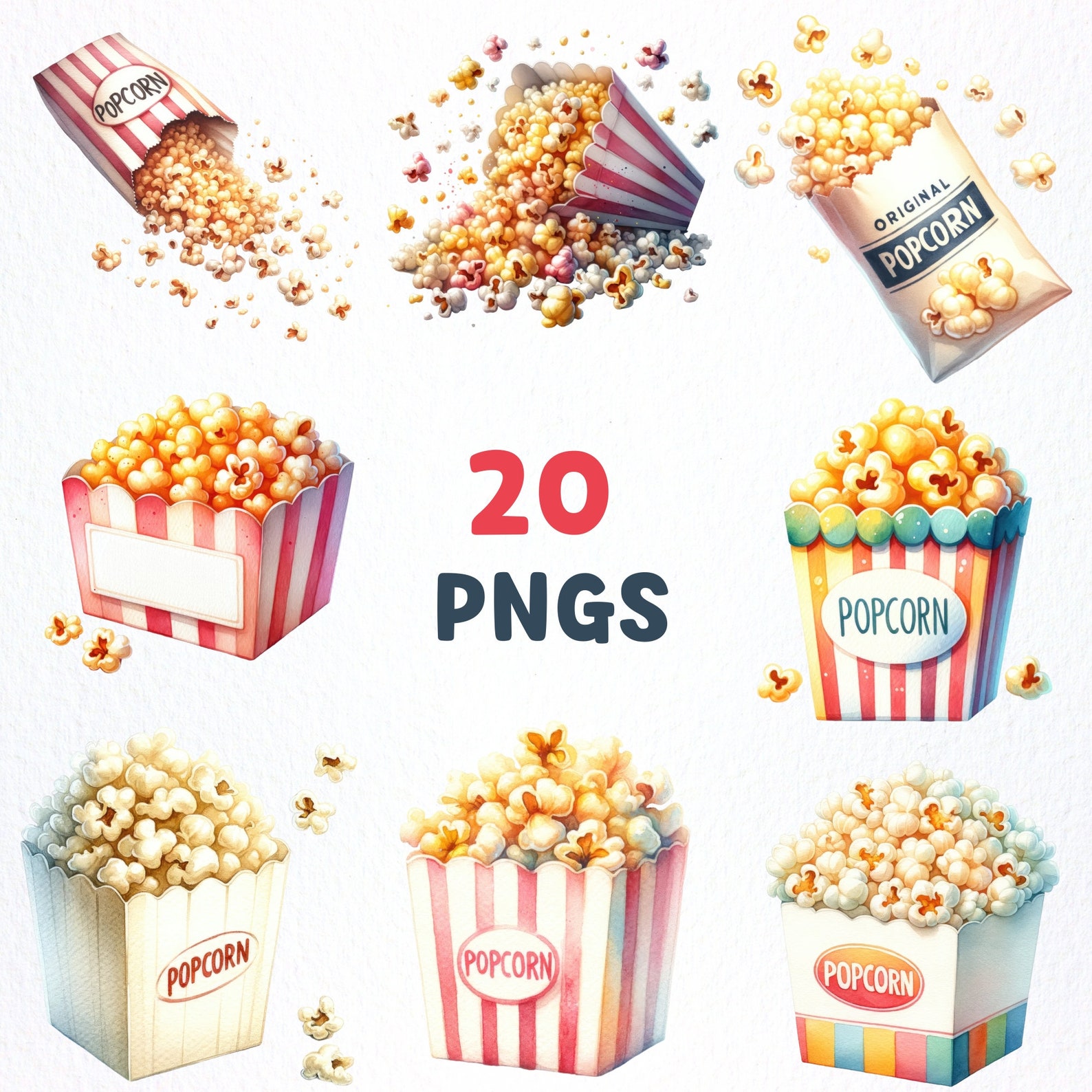Watercolor Popcorn Clipart Bundle 20 High-quality Pngs Popcorn Clipart ...