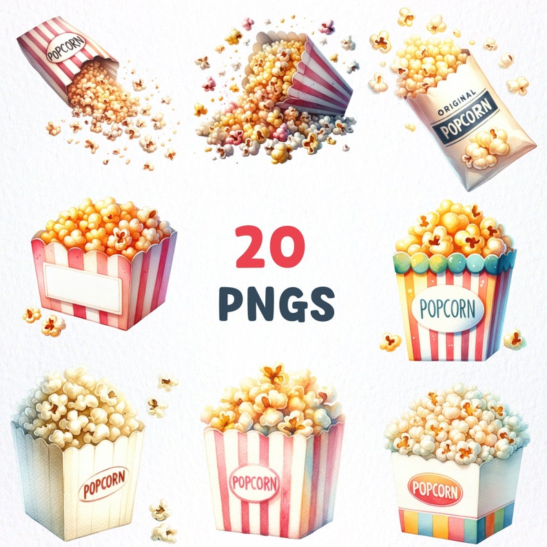 Watercolor Popcorn Clipart Bundle 20 High-quality Pngs Popcorn Clipart ...