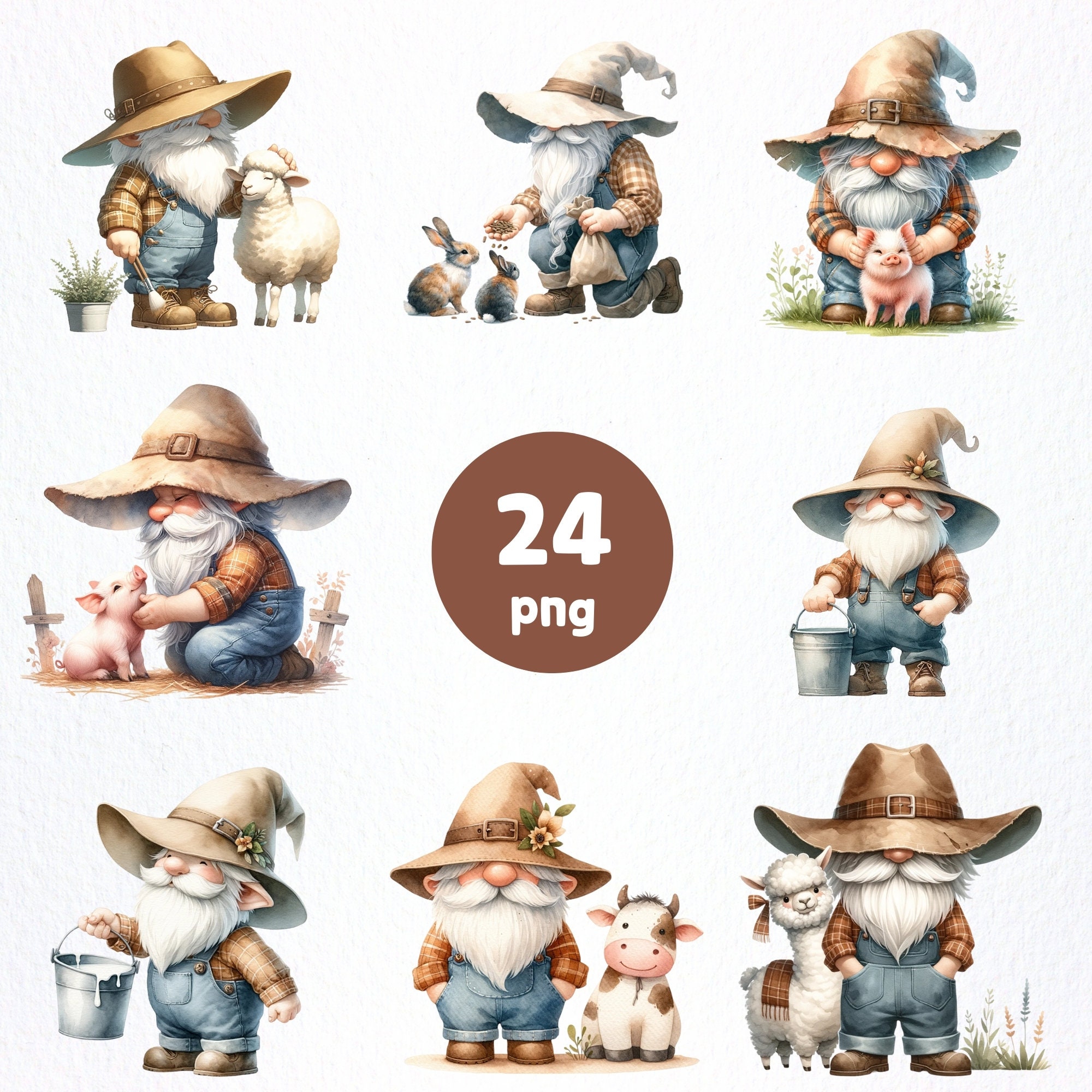 Watercolor Animal Farm Gnomes, Animal Farm Gnome Png, Farmer Gnomes ...