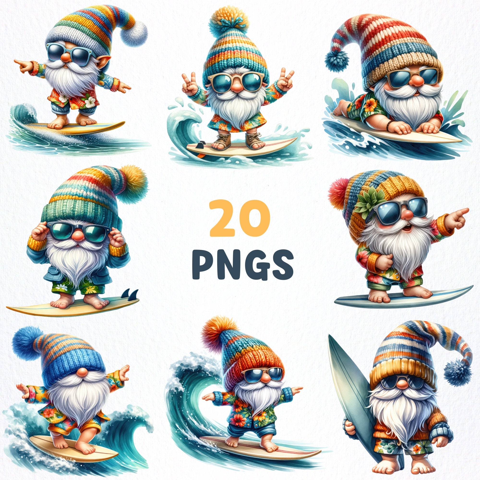 Watercolor Surf Gnome Clipart Bundle 20 High-quality Pngs Surfing Gnome ...
