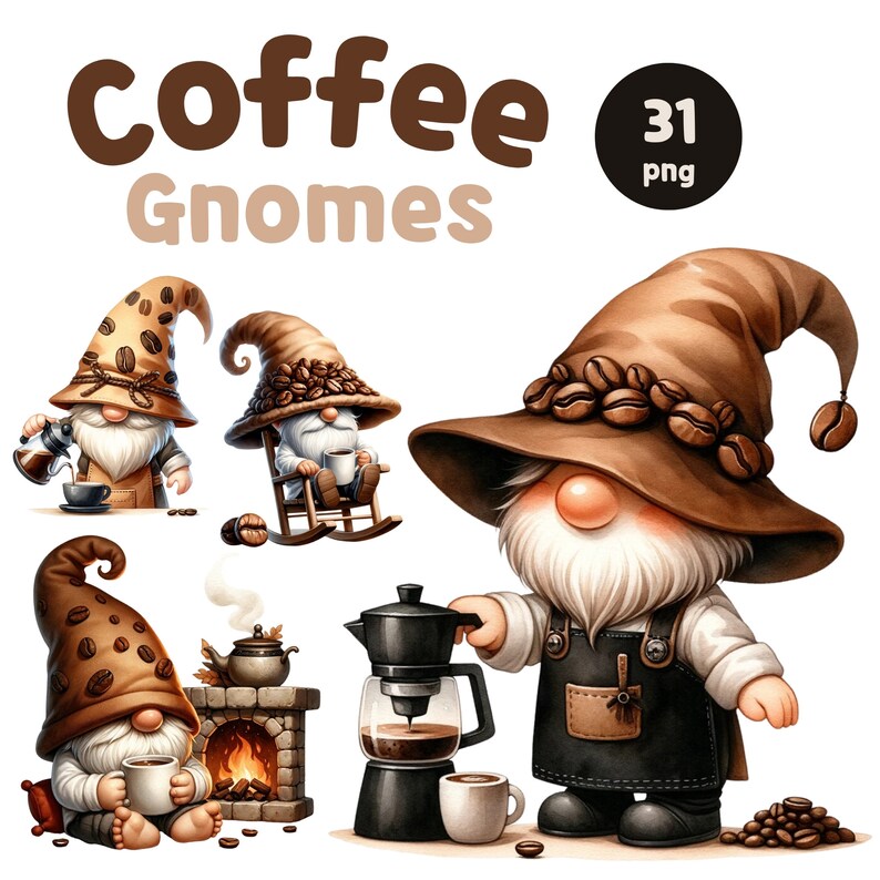 Watercolor Coffee Bean Gnomes, Coffee Gnomes Png, Coffee Latte Gnome ...
