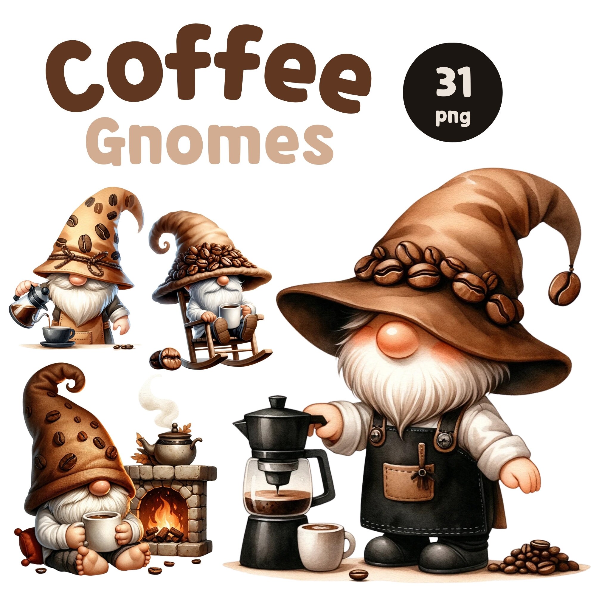 Watercolor Coffee Bean Gnomes, Coffee Gnomes Png, Coffee Latte Gnome ...