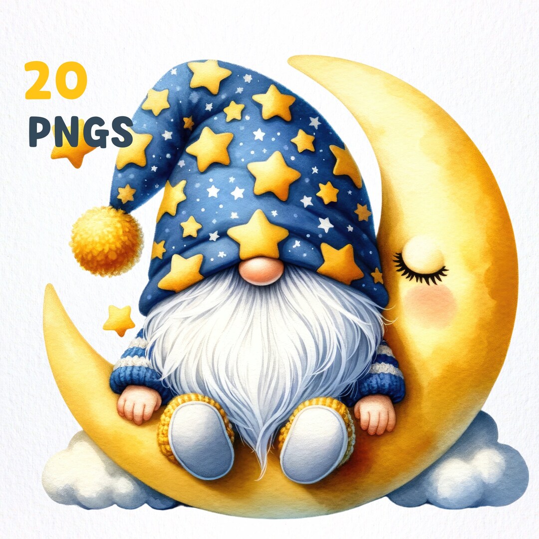 Watercolor Gnome Sit on the Moon Clipart Bundle | 20 High-quality Pngs ...