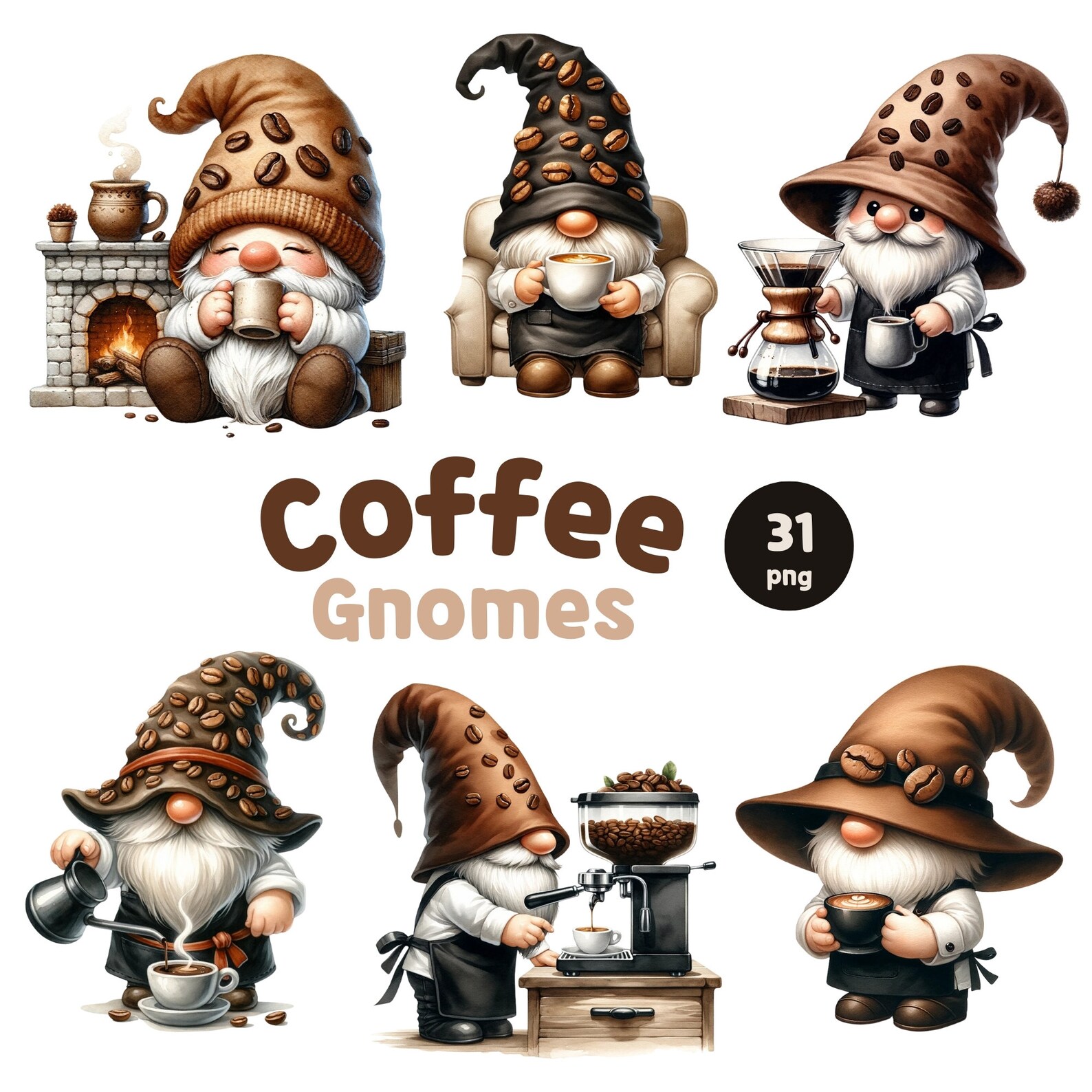 Watercolor Coffee Bean Gnomes, Coffee Gnomes Png, Coffee Latte Gnome ...