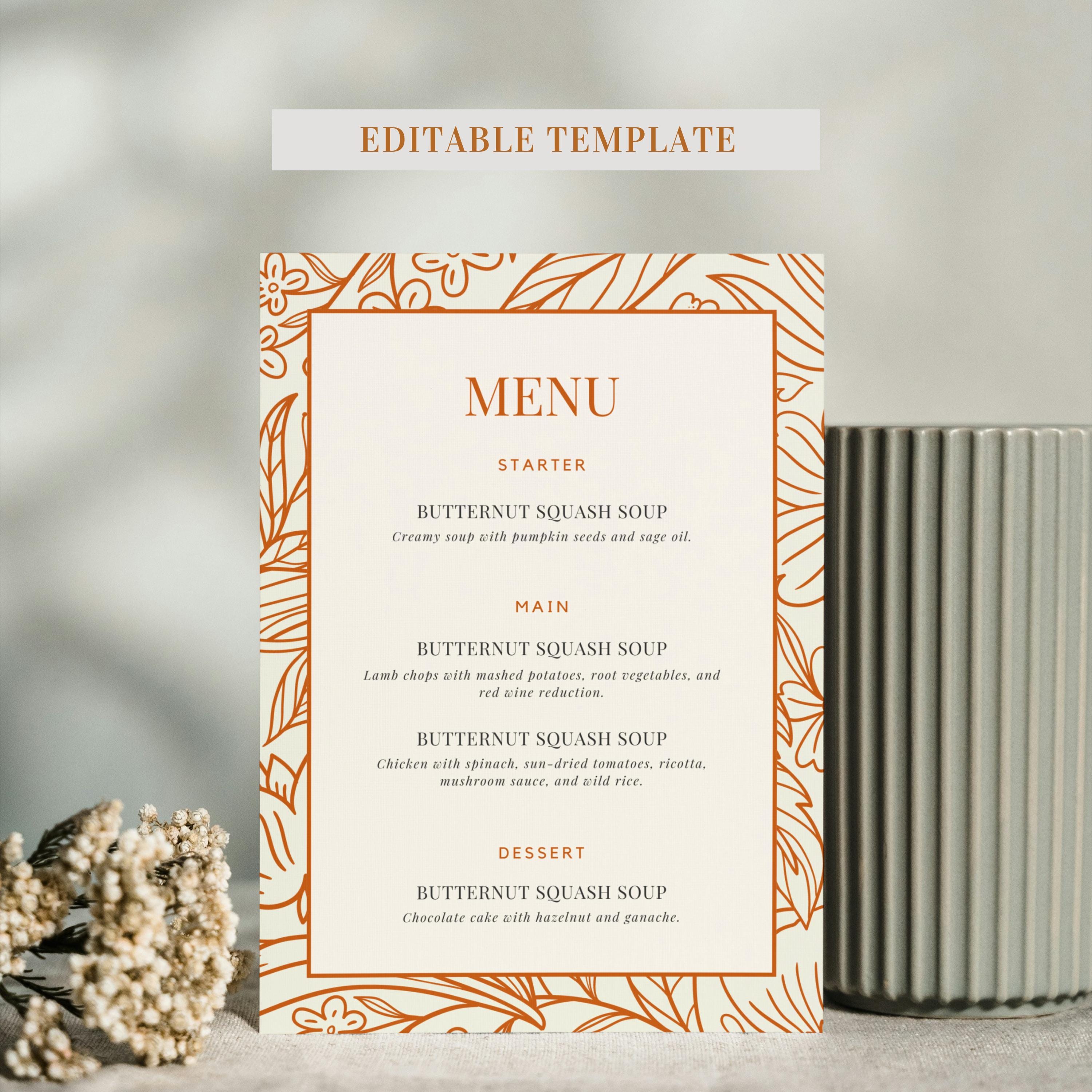Orange Modern Menu, Orange Floral Menu Editable Canva Template, Fall ...