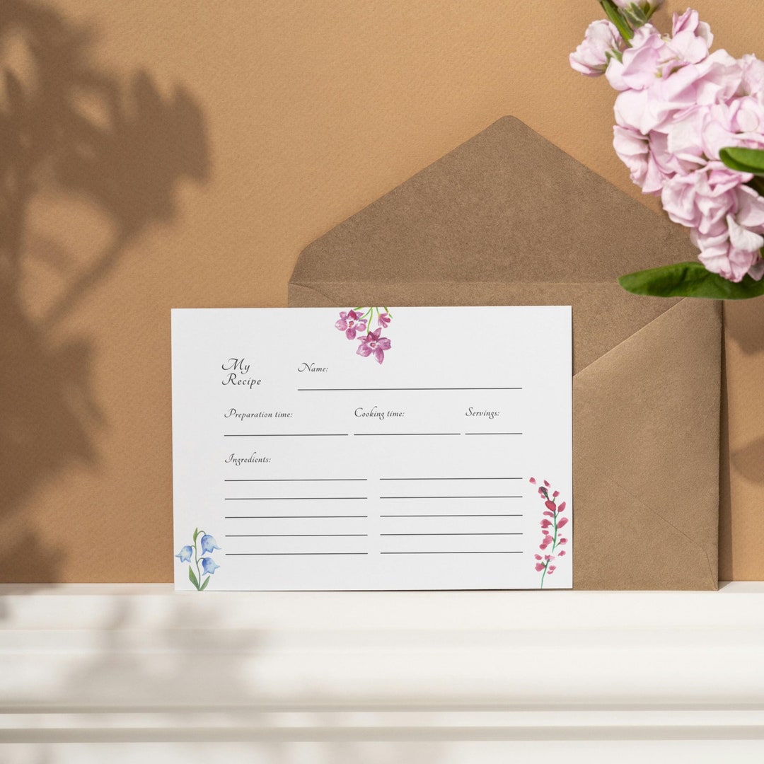 Printable Recipe Card Template, Floral Boho Watercolor Editable Recipe ...