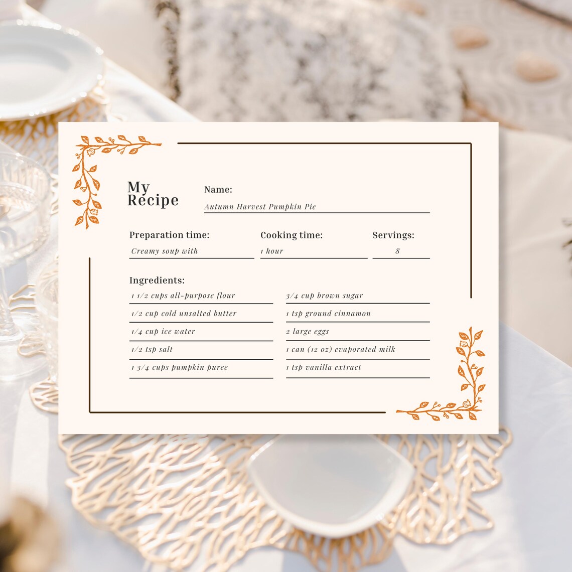 Printable Fall Recipe Card Template, Pumpkin Autumn Editable Recipe ...