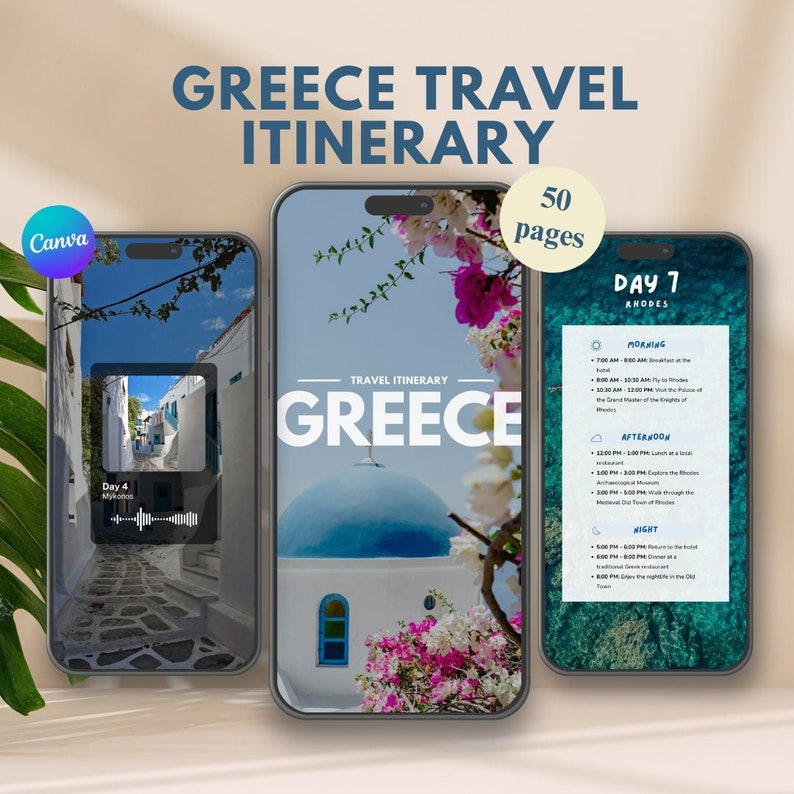 Travel Itinerary Template, Greece Travel Itinerary, Customizable Canva ...
