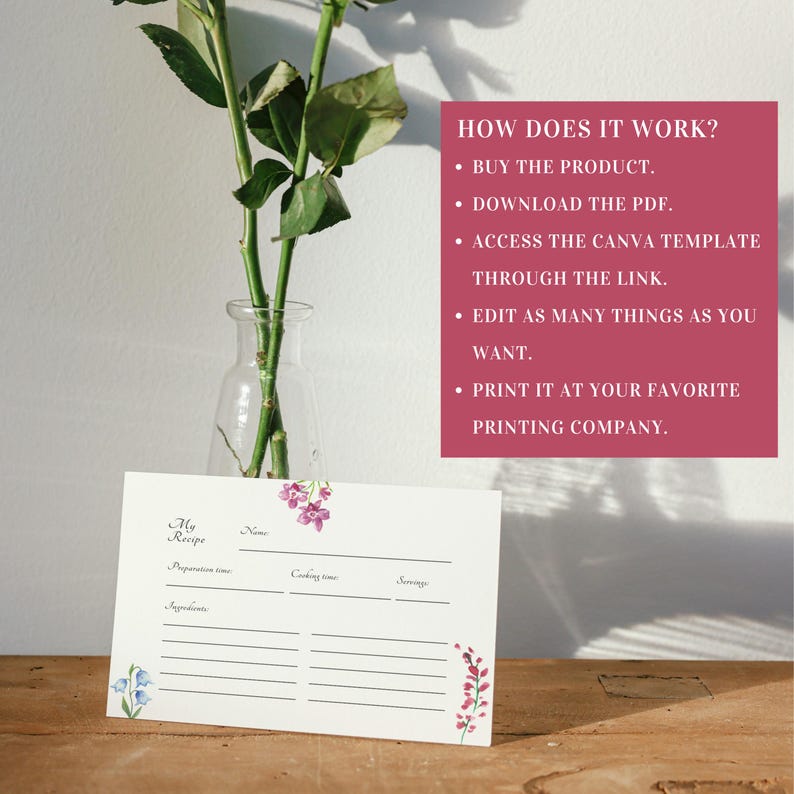 Printable Recipe Card Template, Floral Boho Watercolor Editable Recipe ...