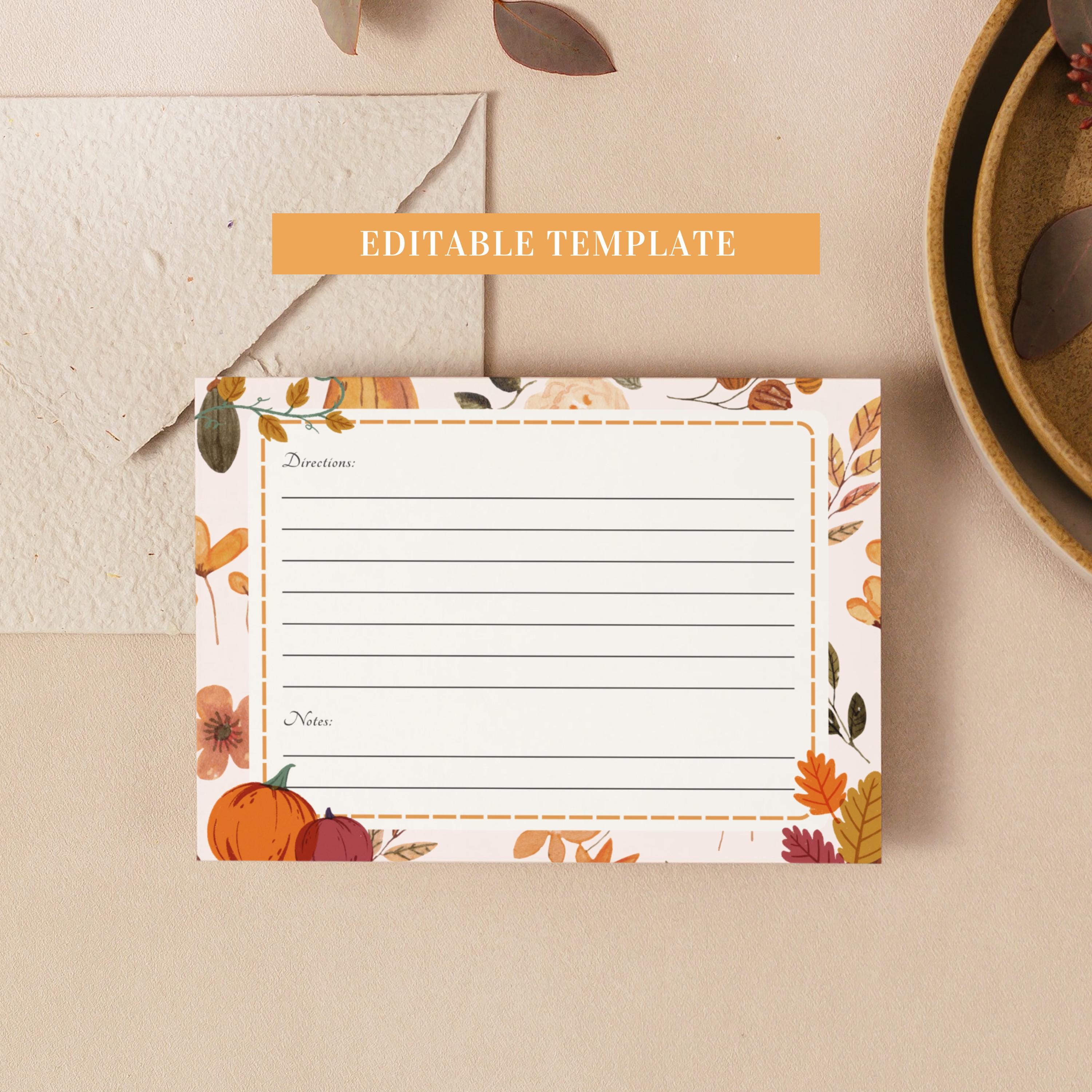 Printable Fall Recipe Card Template, Pumpkin Autumn Editable Recipe ...