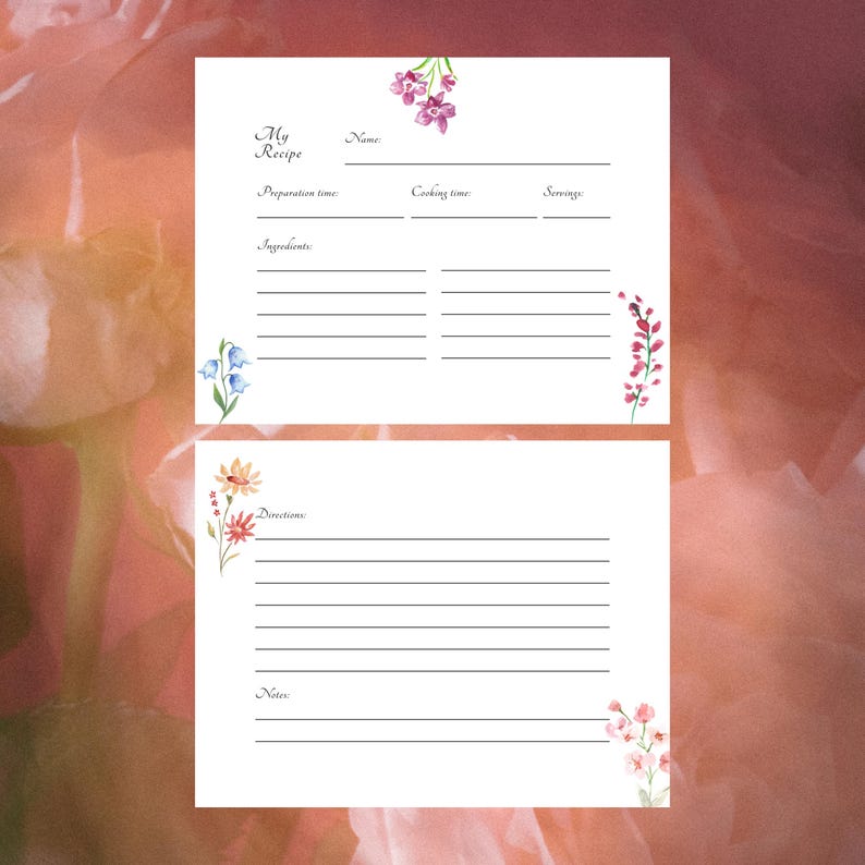 Printable Recipe Card Template, Floral Boho Watercolor Editable Recipe ...