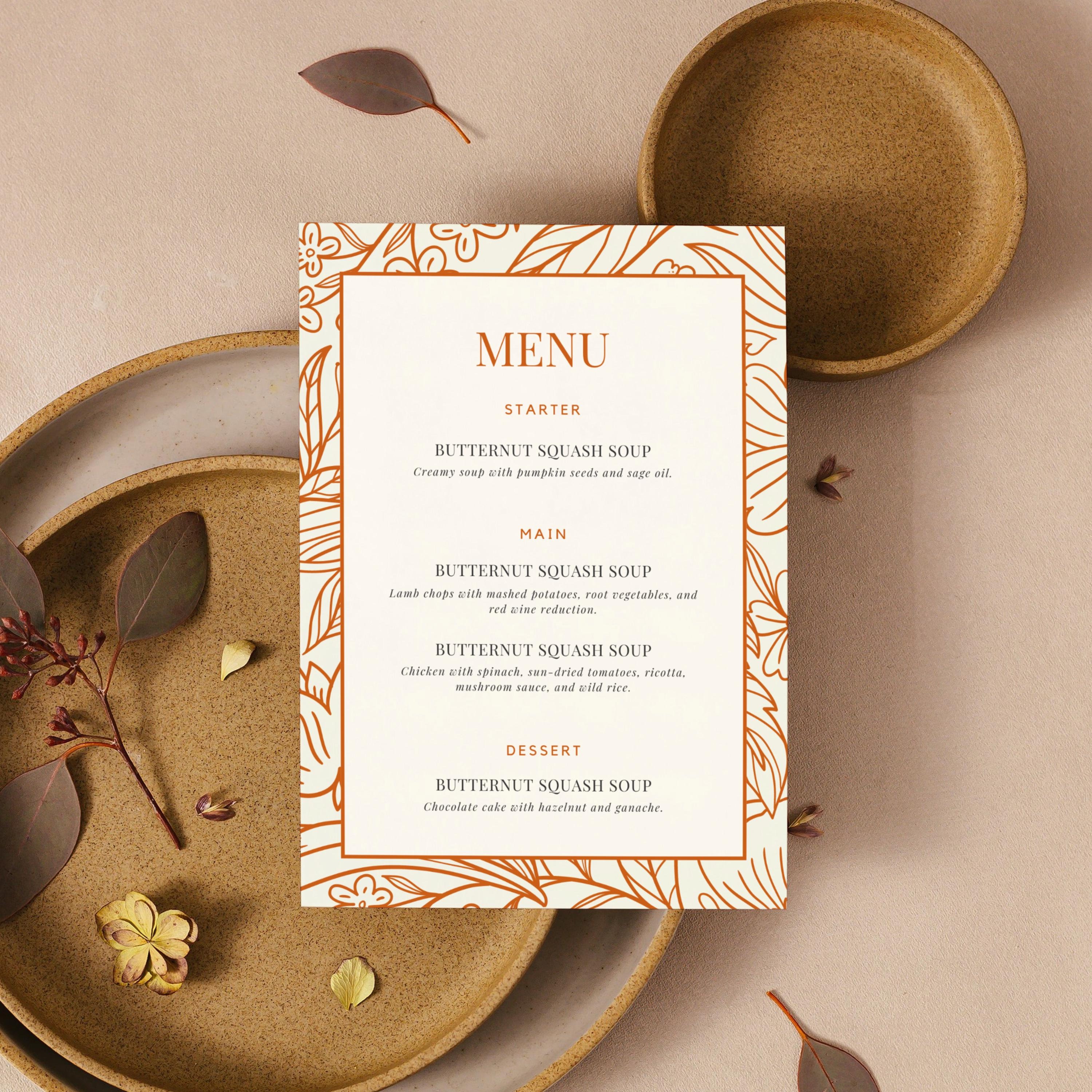 Orange Modern Menu, Orange Floral Menu Editable Canva Template, Fall ...