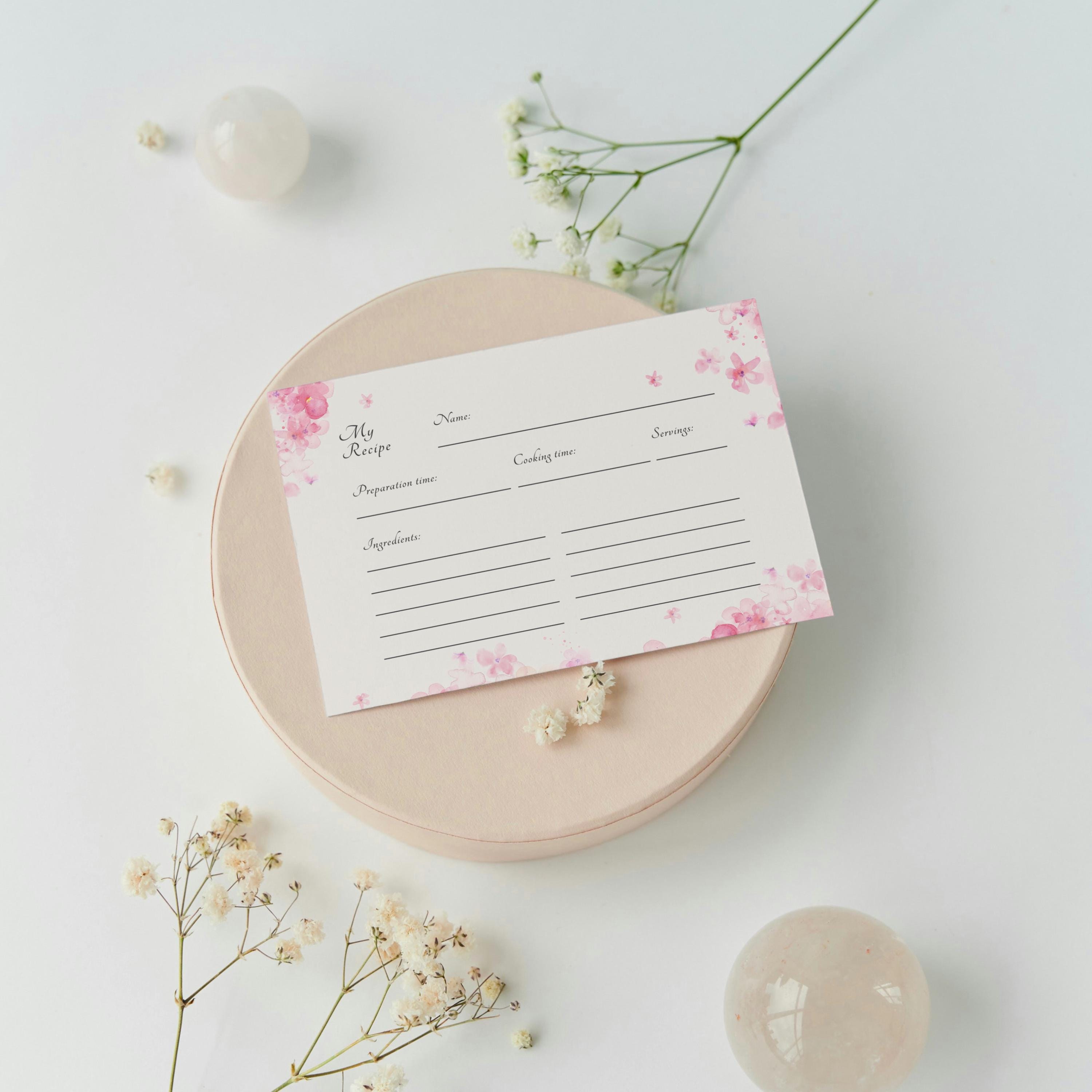 Printable Recipe Card Template, Pink Floral Boho Watercolor Editable ...