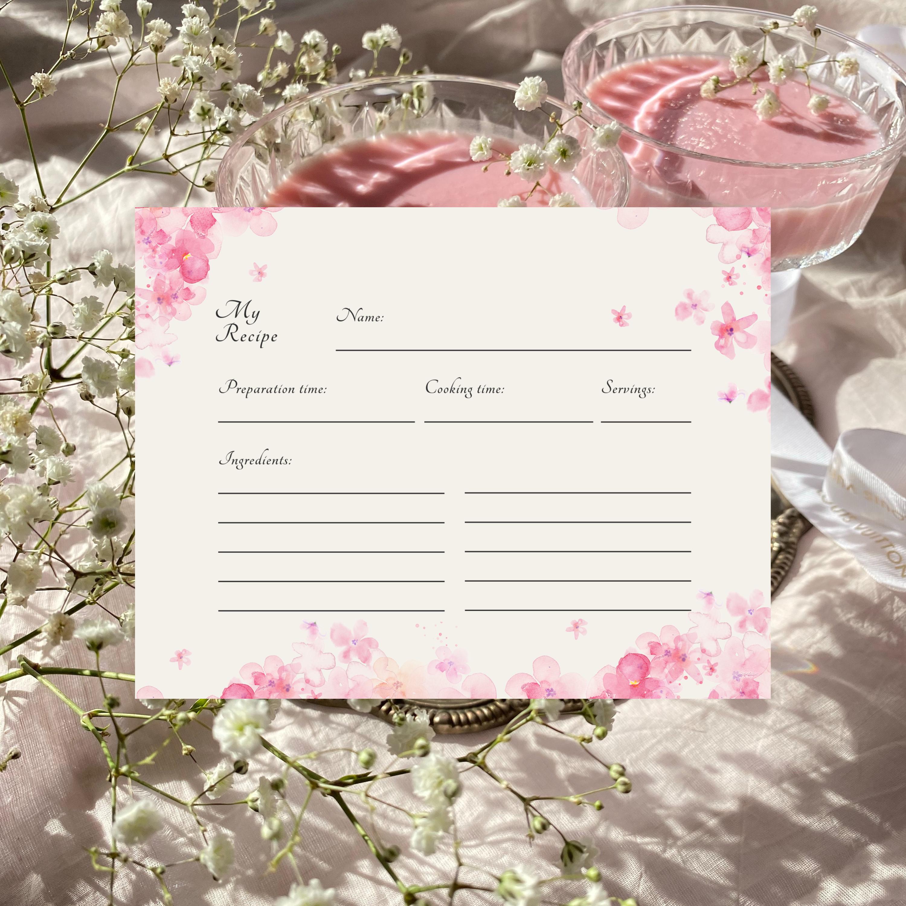 Printable Recipe Card Template, Pink Floral Boho Watercolor Editable ...
