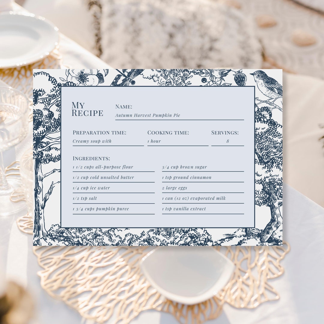 Blue Vintage Recipe Card Canva Template, Blue Elegant Editable Recipe ...