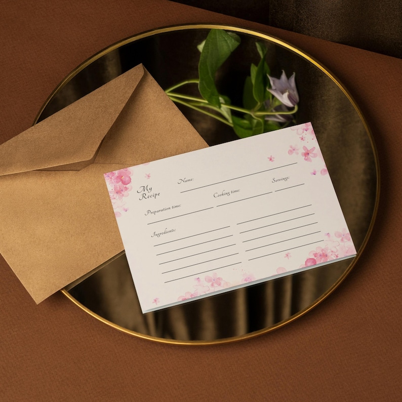 Printable Recipe Card Template, Pink Floral Boho Watercolor Editable ...