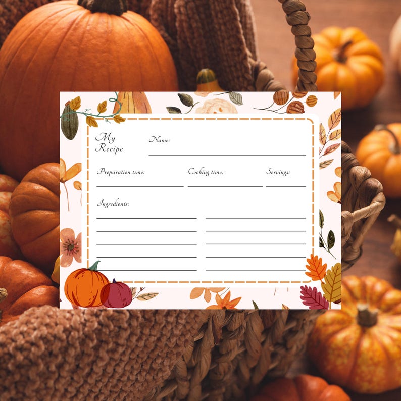 Printable Fall Recipe Card Template, Pumpkin Autumn Editable Recipe ...