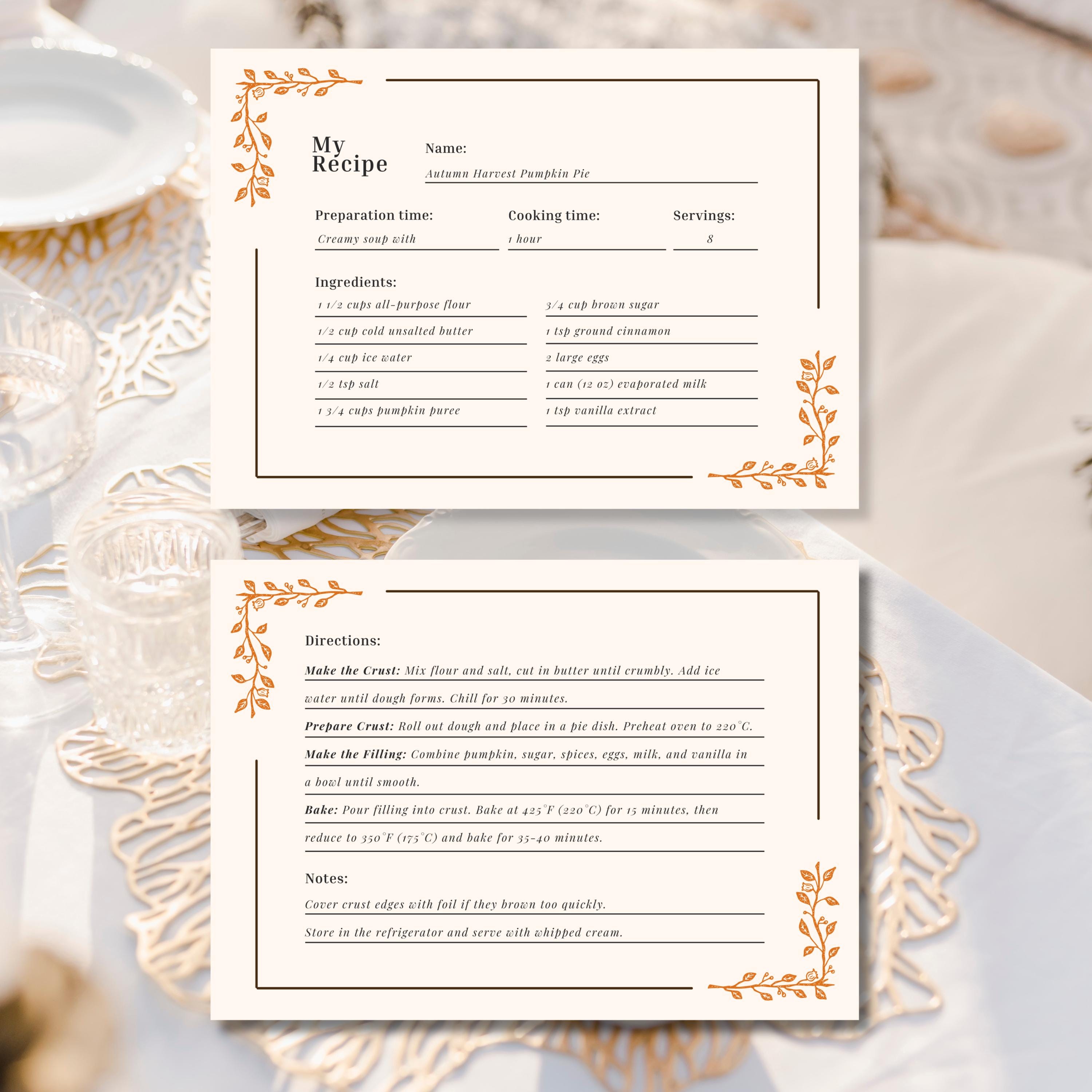 Printable Fall Recipe Card Template, Pumpkin Autumn Editable Recipe ...