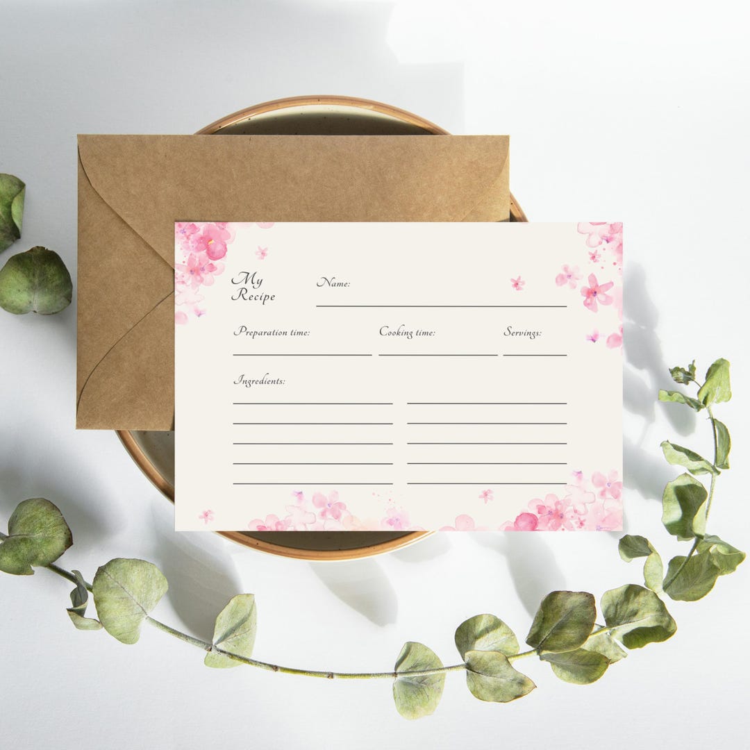 Printable Recipe Card Template, Pink Floral Boho Watercolor Editable ...