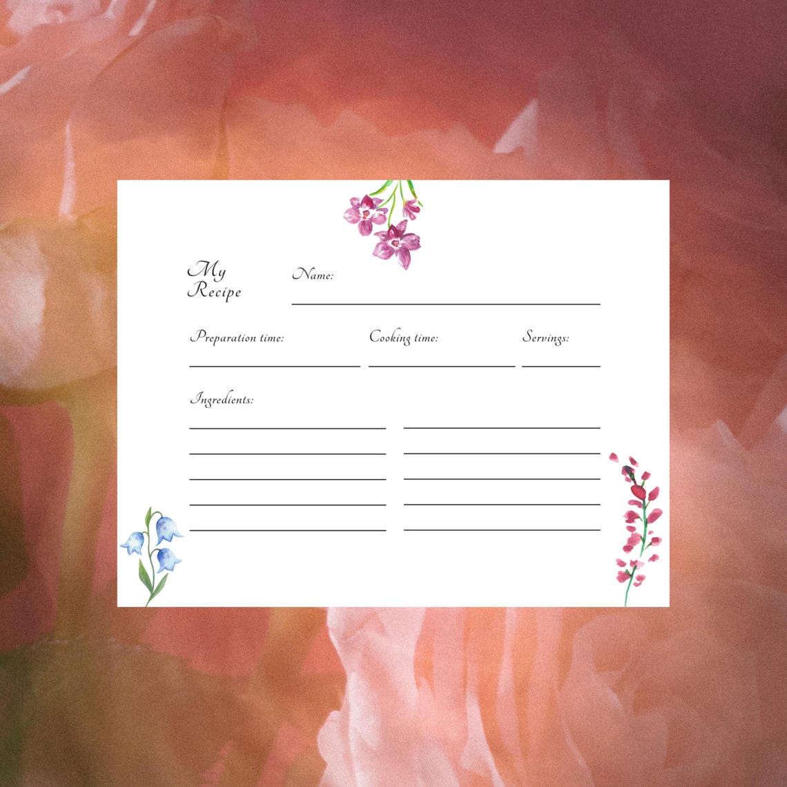 Printable Recipe Card Template, Floral Boho Watercolor Editable Recipe ...