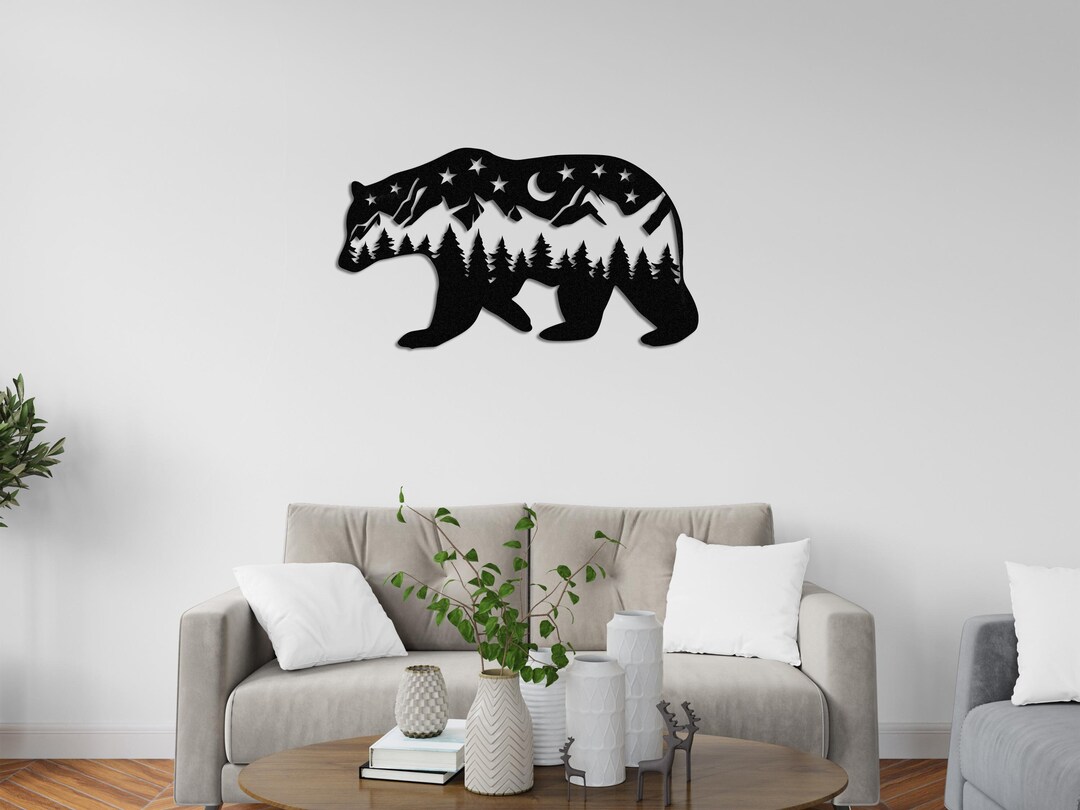 Grizzly Bear Metal Wall Art, Mountain Bear Trees and Night Scene Metal ...