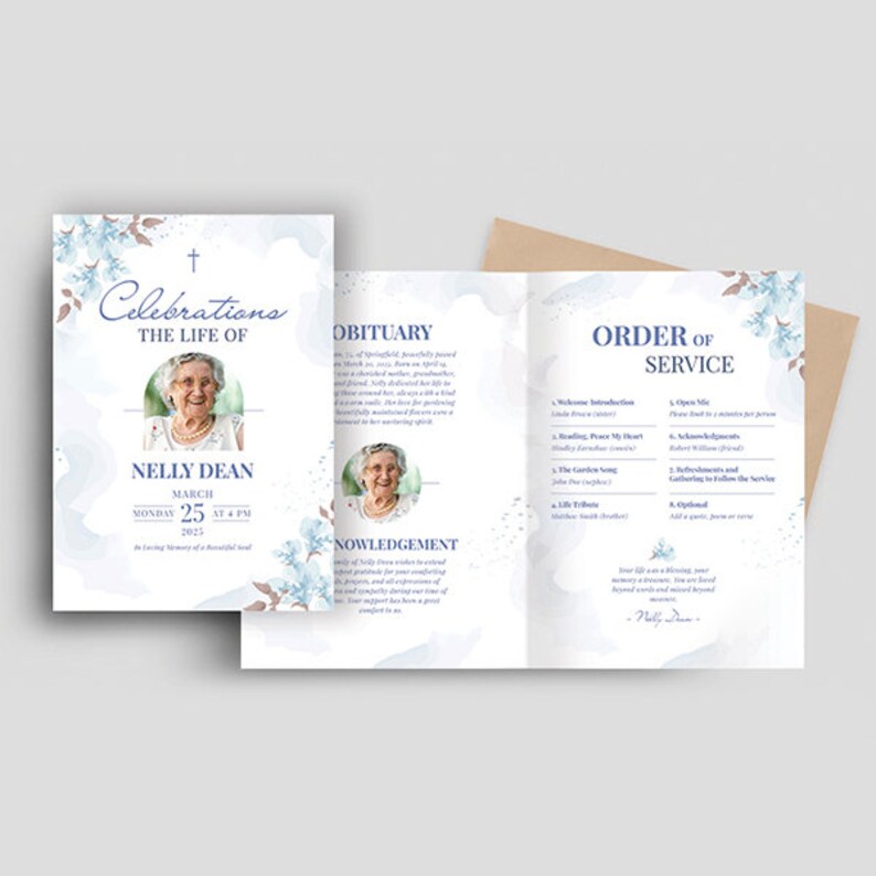 Editable Funeral Program Template Angelic Tribute Obituary Blue ...