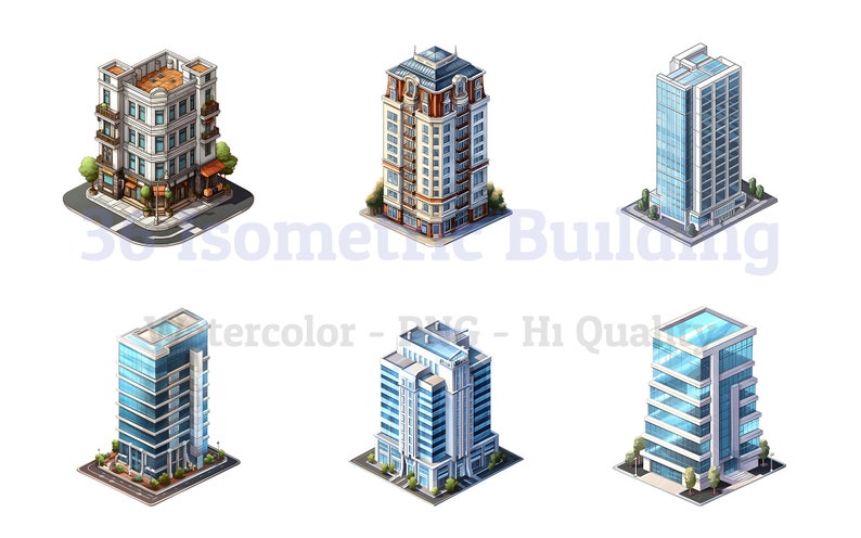 Watercolor Isometric Building Clipart. Colorful Buildings PNG No ...