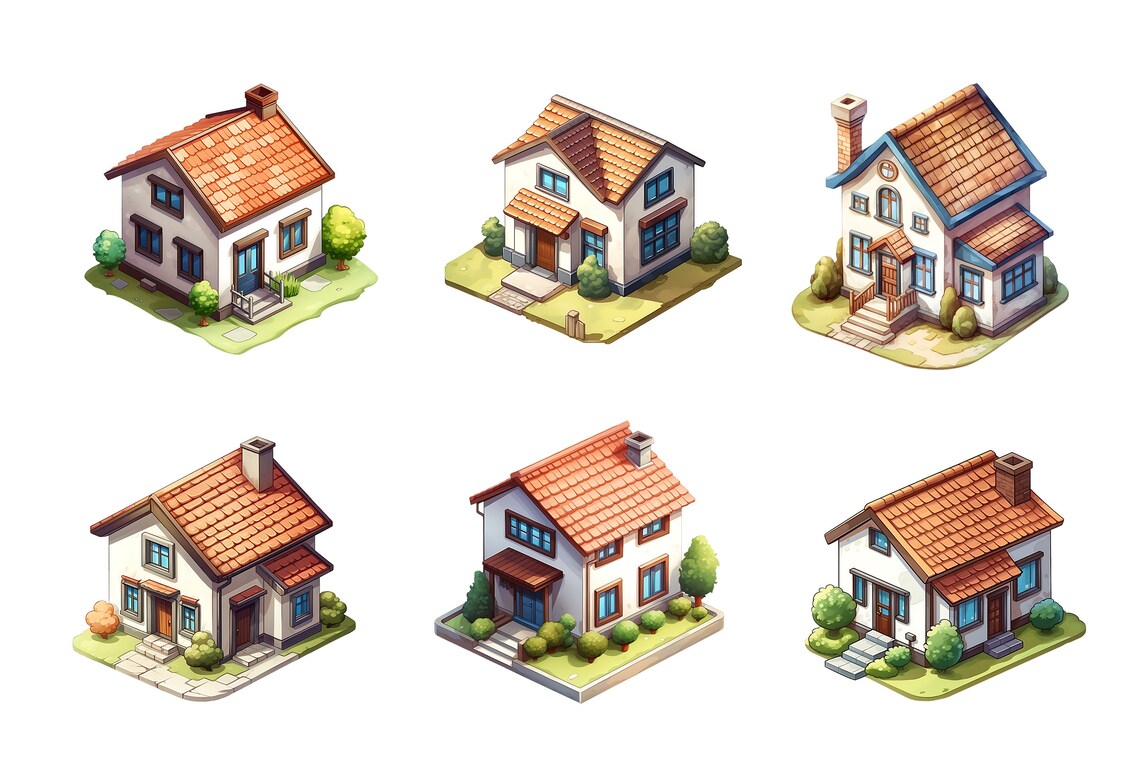 36 Isometric Cartoon House Building Clipart. Colorful Buildings PNG No ...
