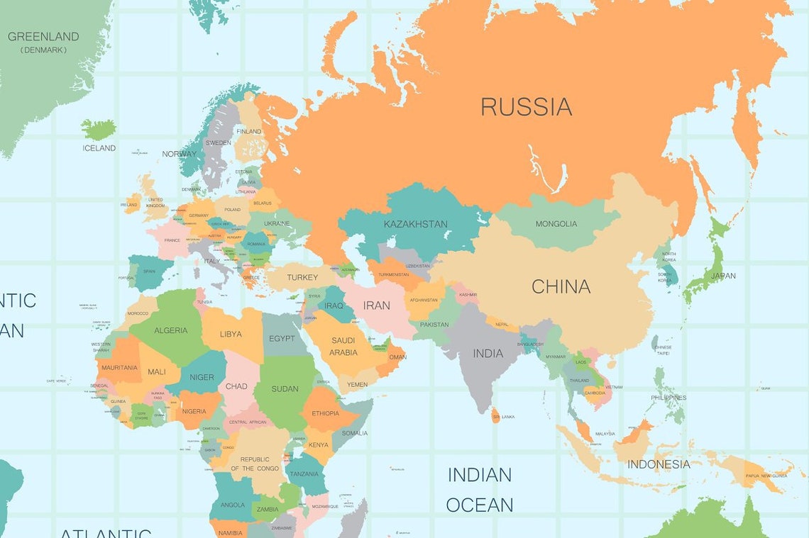 Digital World Map Full Color With Countries Printable Poster Large Size ...