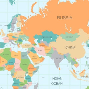 Digital World Map Full Color With Countries Printable Poster Large Size ...