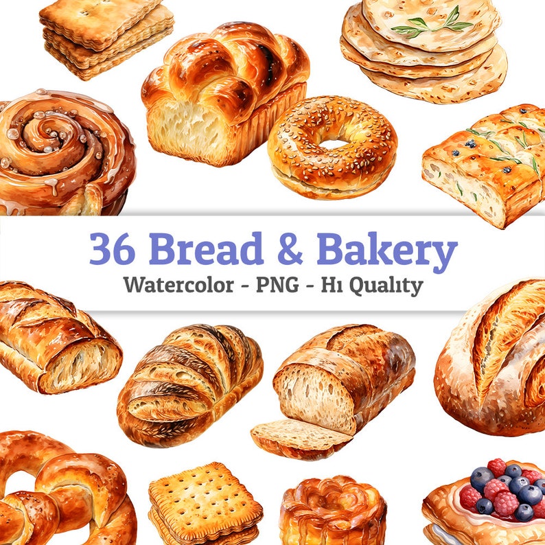 Watercolor Bread & Bakery Clipart. Colorful Bread PNG No Background ...