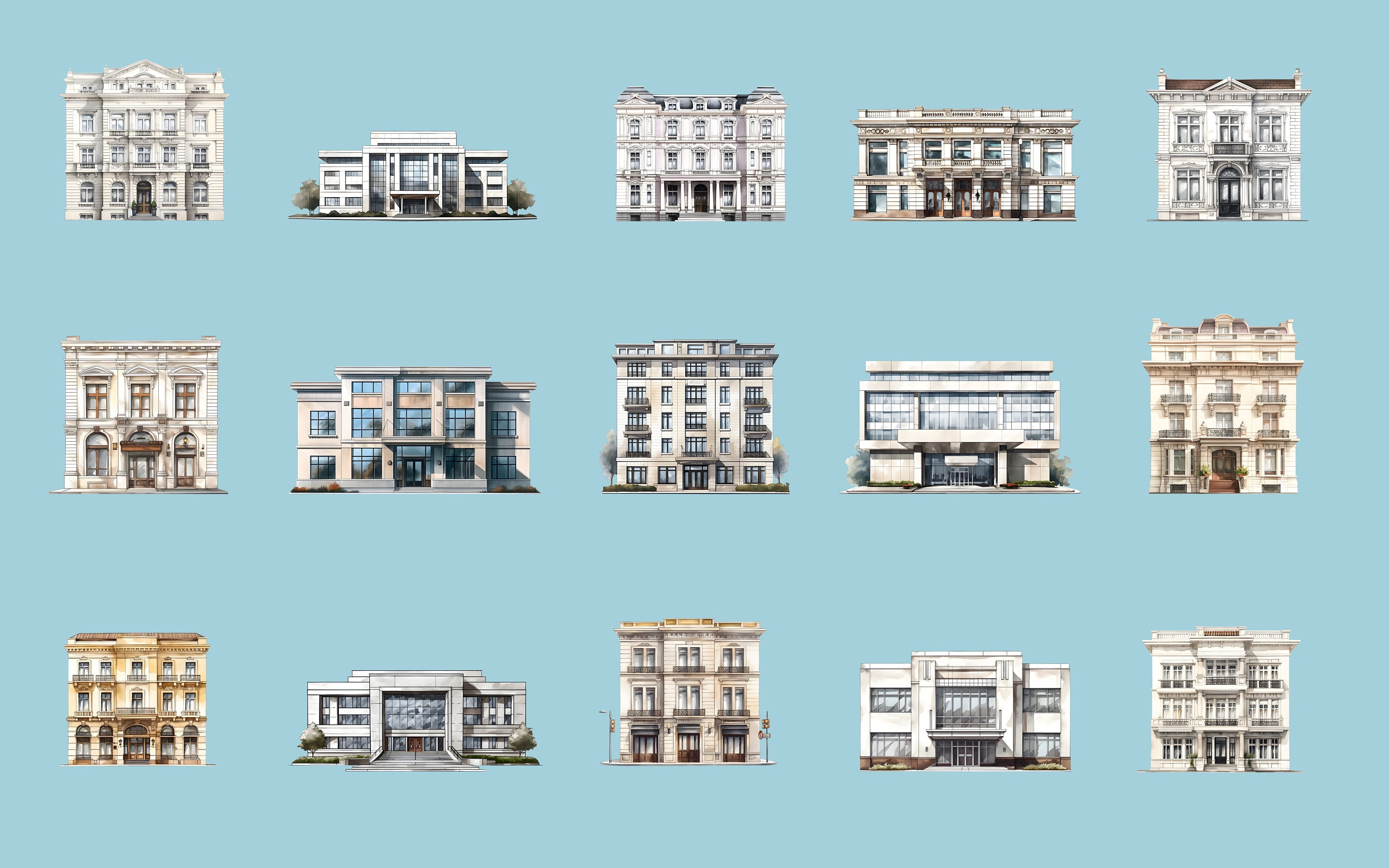 30 Watercolor Front View Building Clipart. Colorful Buildings PNG No ...