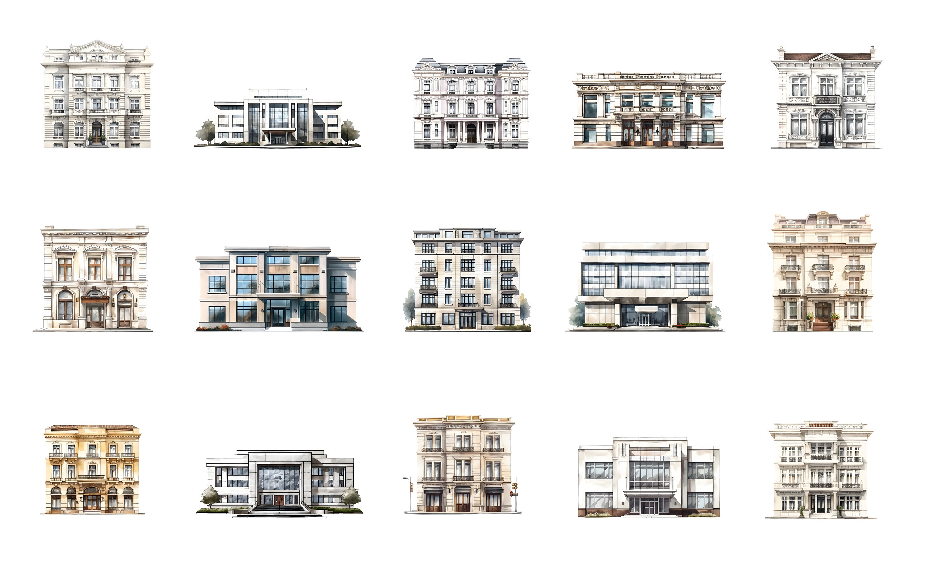 30 Watercolor Front View Building Clipart. Colorful Buildings PNG No ...