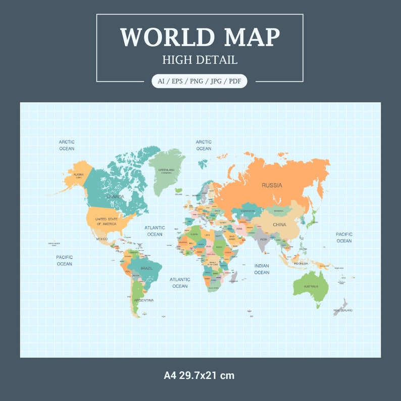 Digital World Map Full Color With Countries Printable Poster Large Size ...