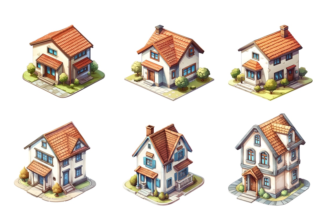 36 Isometric Cartoon House Building Clipart. Colorful Buildings PNG No ...