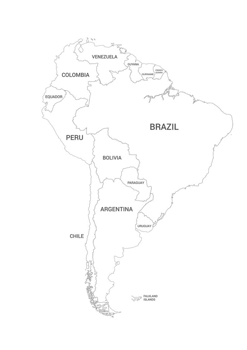 Digital South America Map Full Color With States Printable Poster Large ...