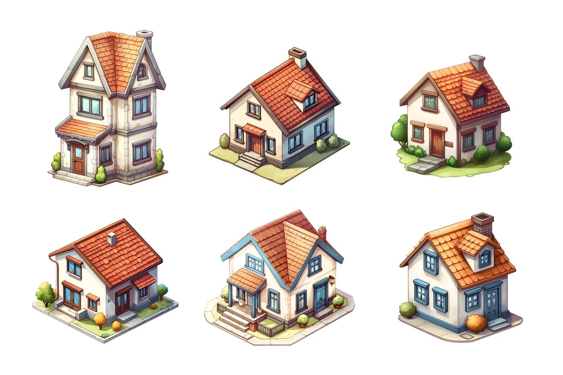 36 Isometric Cartoon House Building Clipart. Colorful Buildings PNG No ...