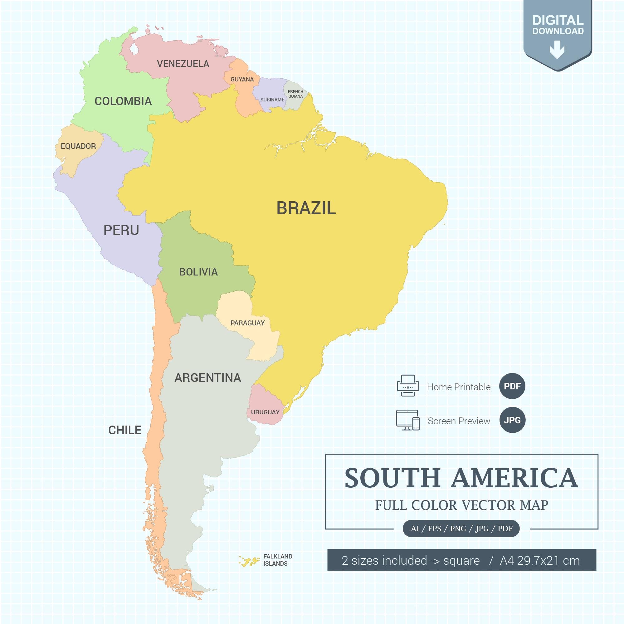 Digital South America Map Full Color With States Printable Poster Large ...