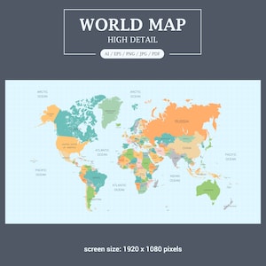 Digital World Map Full Color With Countries Printable Poster Large Size ...