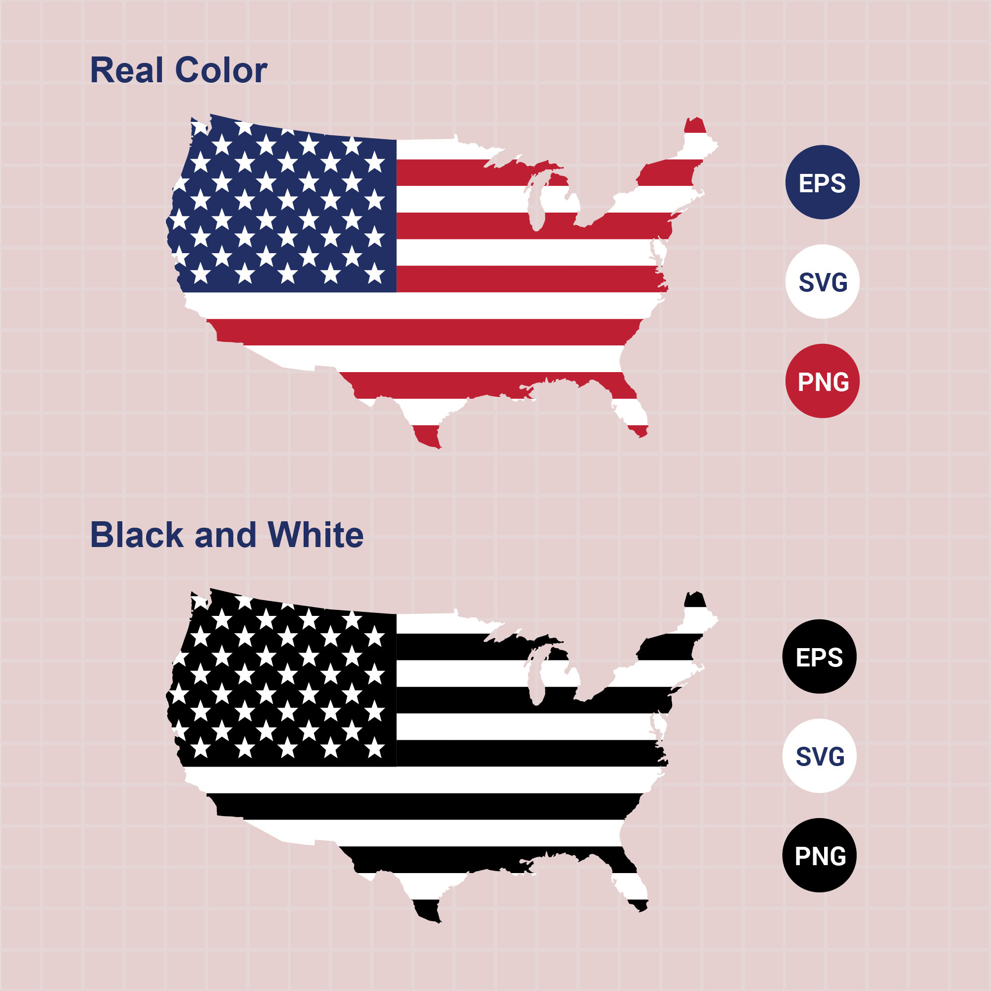 America Flag Map. Real Color With Black and White SVG, EPS and PNG ...