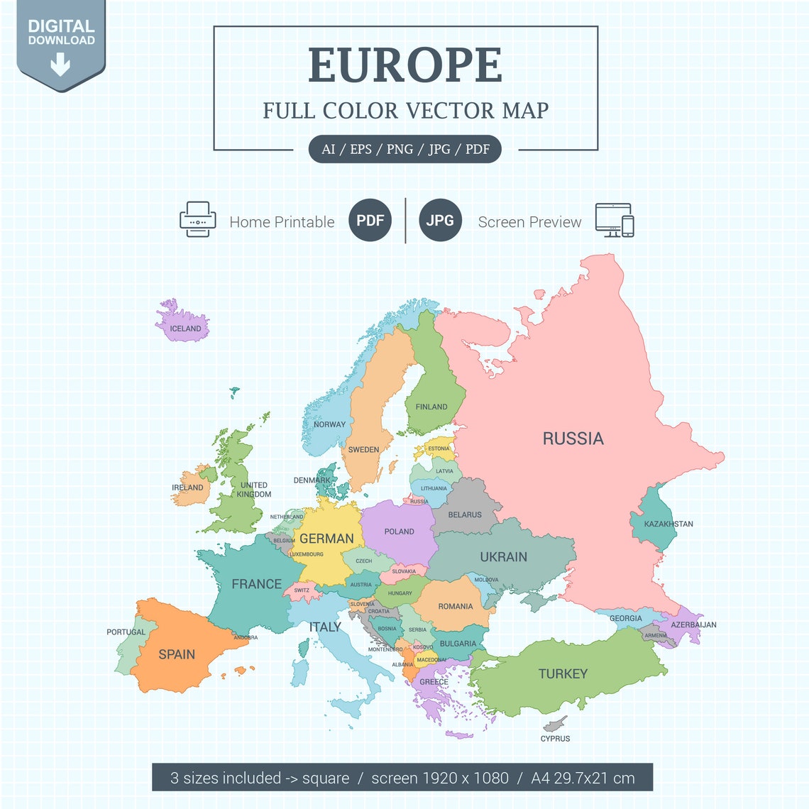 Digital Europe Map Full Color With States Printable Poster Large Size ...